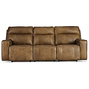 Signature Design by Ashley Game Plan Contemporary Tufted Leather Power Reclining Sofa with Adjustable Headrest, Light Brown