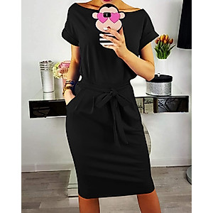 PRETTYGARDEN Women's Summer Short Sleeve Crewneck Striped Dress Basic Solid Tie Waist Office T Shirt Dresses Pockets Black Small