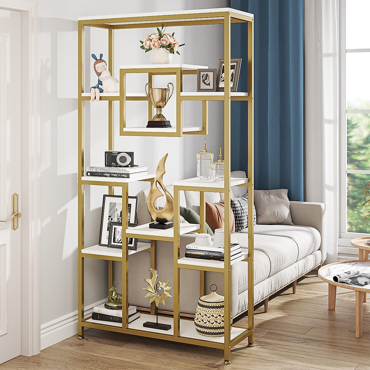 Tribesigns 71" Gold Etagere Bookshelf, Modern 11-Tier Tall Open Display Bookcase Bookshelves, Free Standing Book Shelf for Living Room, Bedroom, Home Office, Gold & White