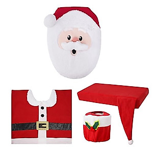 4Pcs Christmas Theme Bathroom Decoration Set W/Toilet Seat Cover Rugs Tank Cover Toilet Paper Box Cover for Paper Box Cover