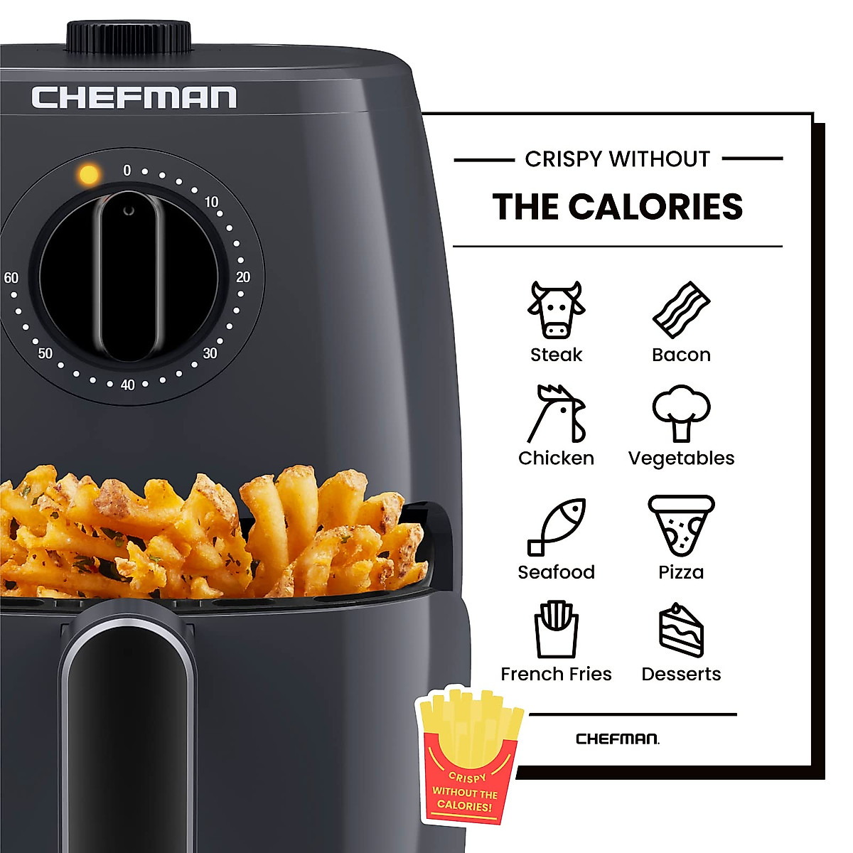 Chefman TurboFry 2-Quart Air Fryer, Dishwasher Safe Basket & Tray, Use Little to No Oil For Healthy Food, 60 Minute Timer, Fry Healthier Meals Fast, Heat And Power Indicator Light, Temp Control, Grey