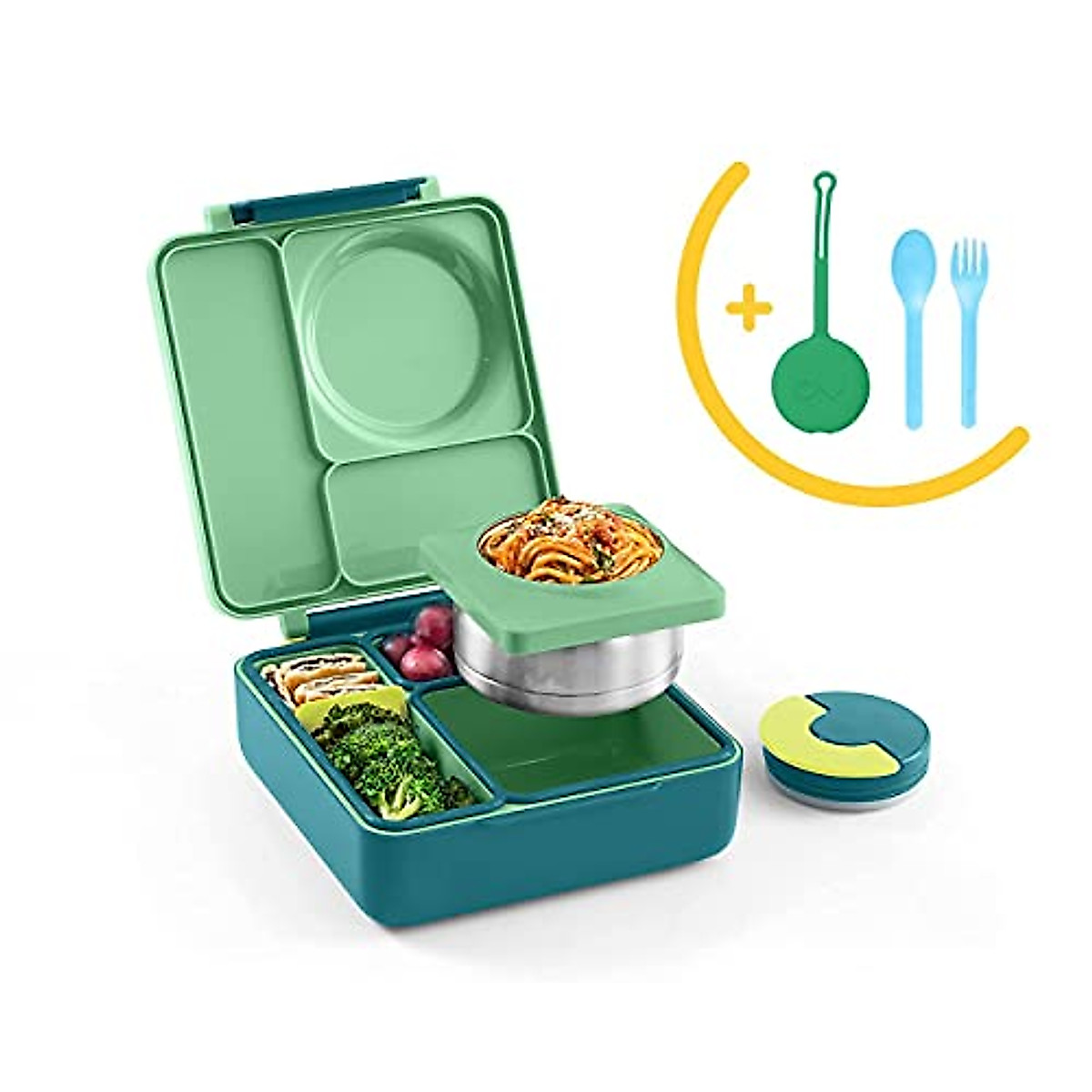 OmieBox Deluxe Bundle Set - Insulated Bento Lunch Box With Thermos PLUS Reusable Fork and Spoon with Case - (Meadow)