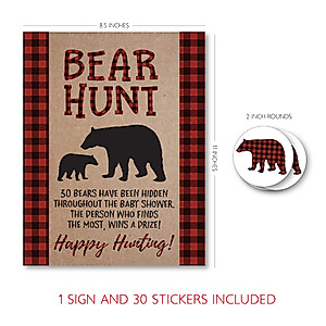 Lumberjack Scavenger Bear Hunt Baby Shower Game - Lumberjack Fun Activities and Decorations - Includes 1 (8.5x11 inches) Sign and 30 (2 inches) Bear Stickers