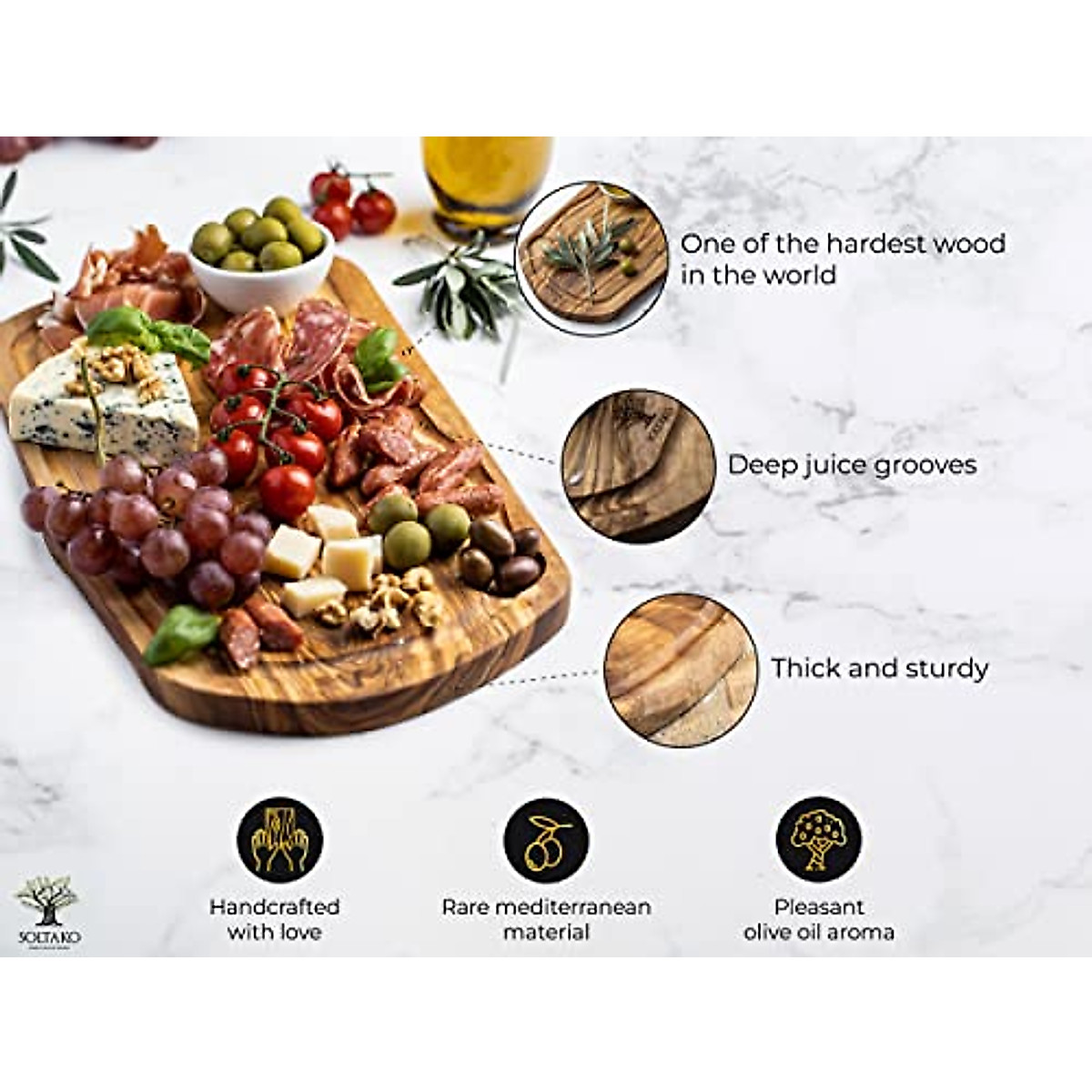 SOLTAKO Olive Wood Cutting Steak Board, Large Cheese Board, Hand Made Serving Platter, Wooden Charcuterie Board, Rustic Chopping Board with Juice Groove
