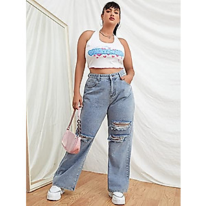 WDIRARA Women's Plus Size High Waist Ripped Wide Leg Jeans Baggy Denim Pants Light Wash 3XL