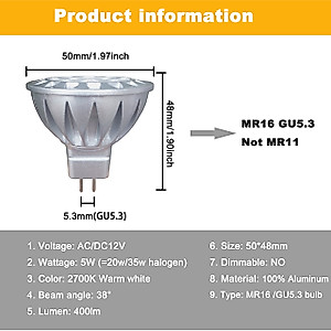 ALIDE MR16 Led Bulbs 5W Replace 20W 35W Halogen Equivalent,2700K Soft Warm White,12V Low Voltage MR16 GU5.3 Bulb Spotlights for Outdoor Landscape Flood Track Lighting,Not Dimmable,450lm,38 Deg,6 Pack