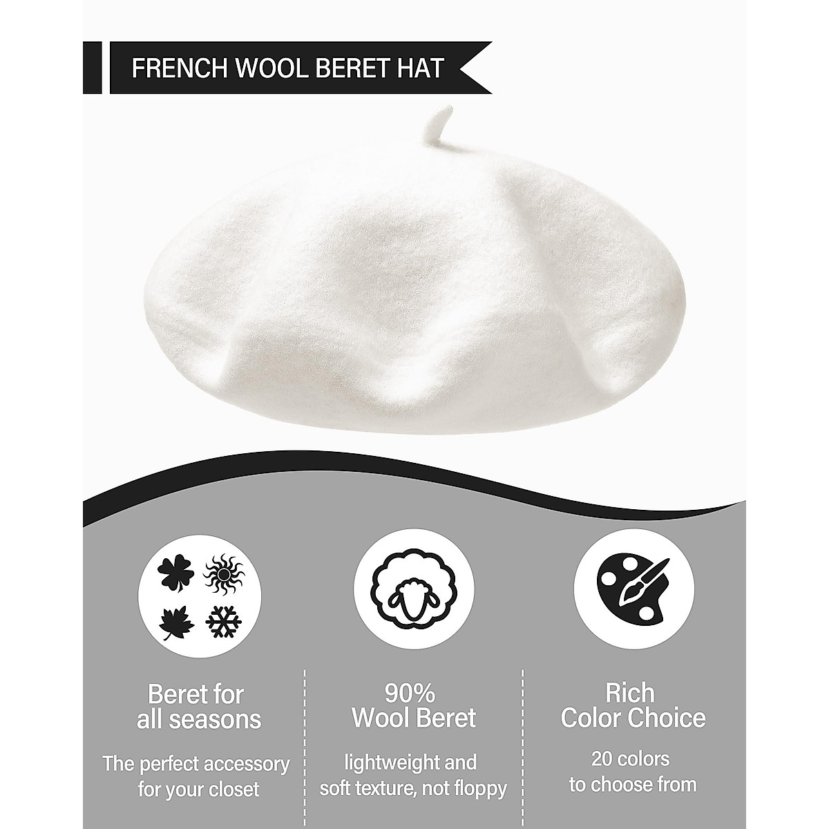 AWAYTR Wool French Beret Hats - Solid Color Artist Beret Hat for Women and Kids (White,Adult)