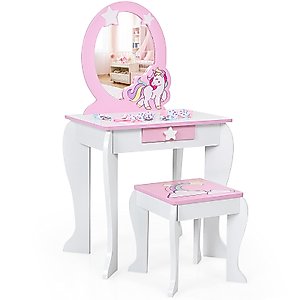 Costzon Kids Vanity Set with Mirror, 2 in 1 Wooden Princess Makeup Dressing Table with Detachable Top, Toddler Girls Vanity with Drawer & Stool, Pretend Play Vanity Set for Little Girls, White