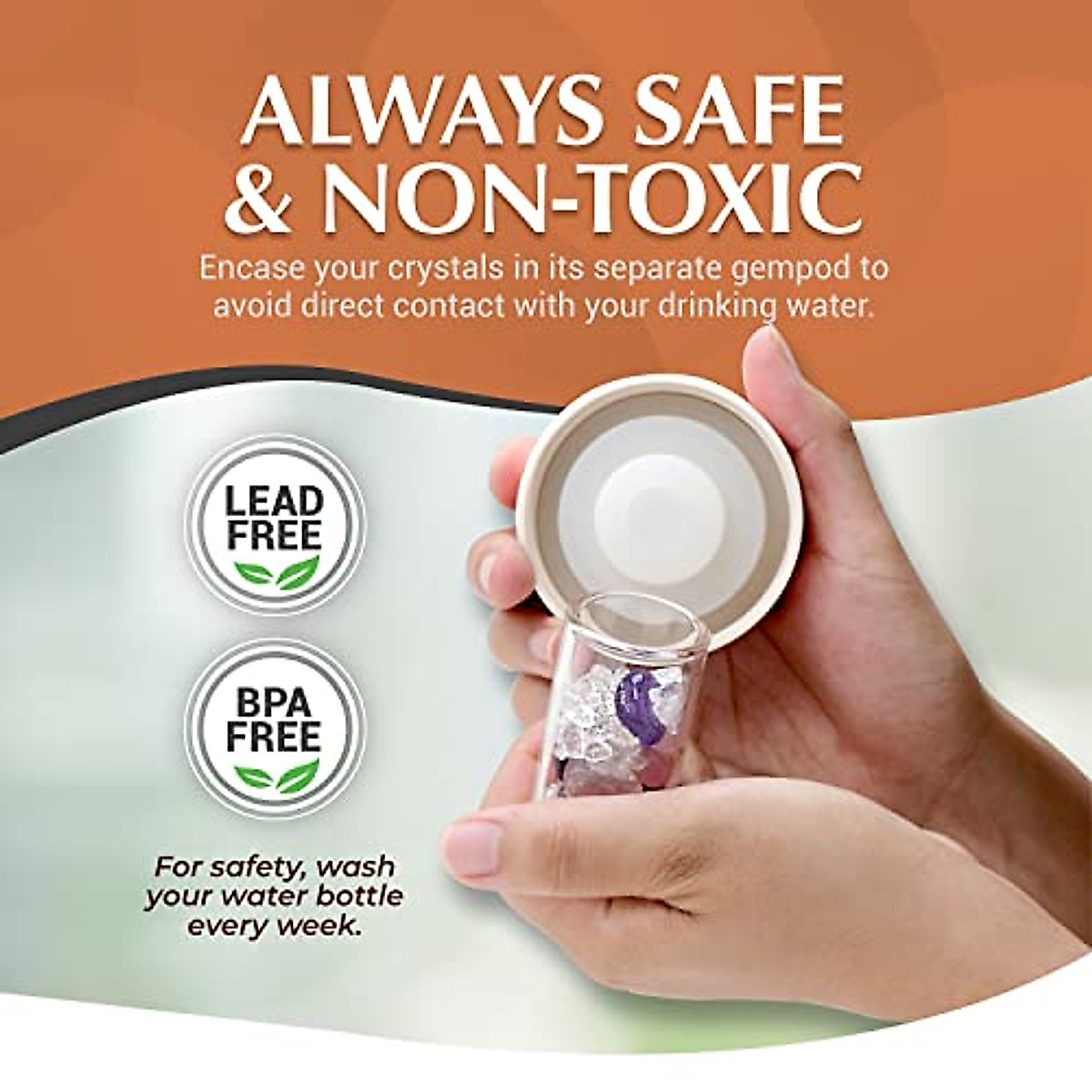 Almeara Crystal Water Bottle with Authentic Amethyst, Rose Quartz & Clear Quartz Removable Gemstones, Loose Leaf Tea Infuser - Relaxation, Healing & Spiritual Gifts for Women - Witchcraft Supplies