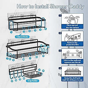SIXDOVE 3 Pack Shower Caddy Shelves With 22 Hooks, Soap Holder Organizer Wall Mounted Shower Rack Basket With No Drilling Adhesive Shower Caddy Rustproof Storage Organizer (Black)