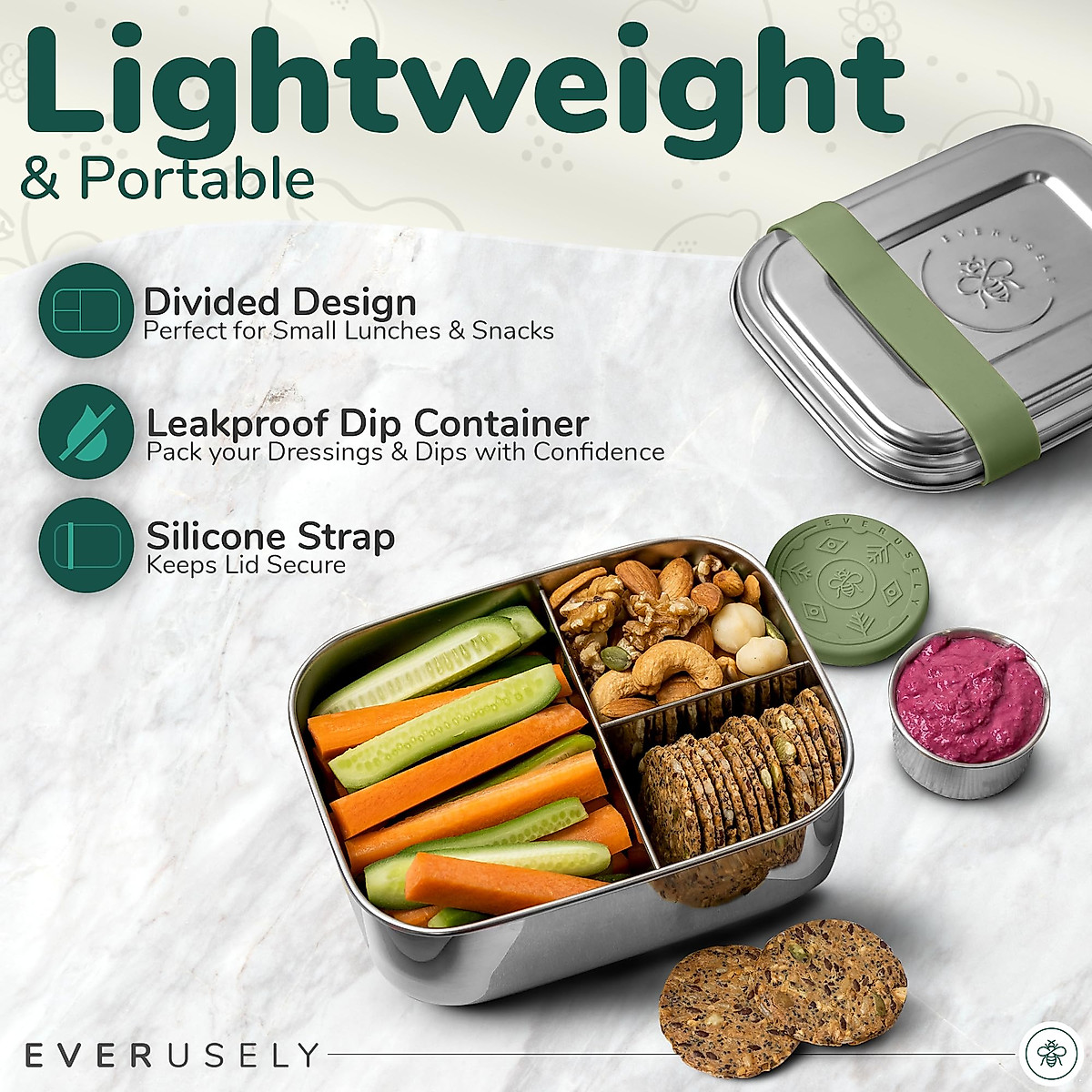 Everusely Small Stainless Steel Bento Box Kids - 27 oz Toddler Lunch Box Stainless Steel, Metal Lunch Box for Kids, Metal Lunch Container, Stainless Steel Lunch Box For Kids, Bento Box Stainless Steel