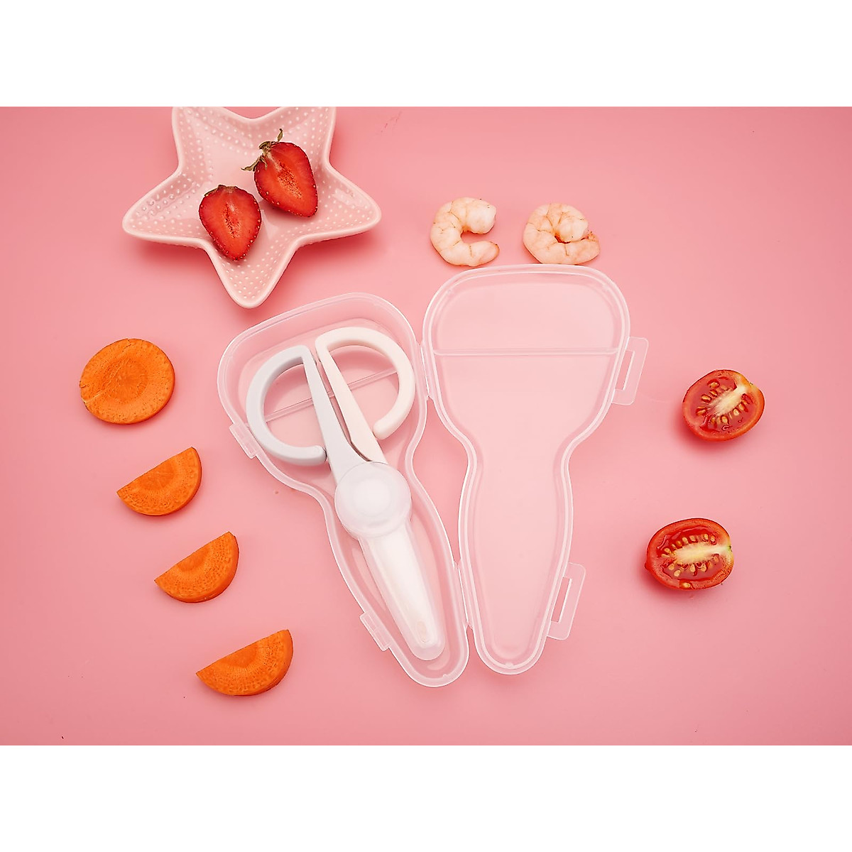 Ceramic Scissors for Baby Food Cutting, Safety Healthy BPA Free Toddler Feeding Shears with Protective Blade Cover and Portable Travel Case-Pink/Grey