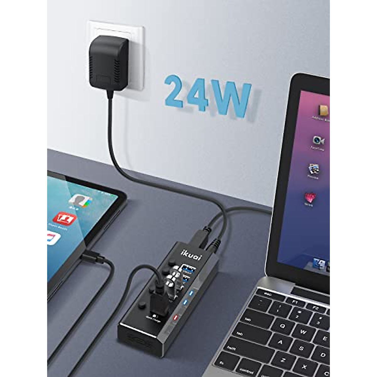 USB Hub 3.0 Powered, ikuai 5-Port Multiple USB Port Splitter, USB 3 Powered Hub, High-Speed Portable USB Port Expander, Charging Supported, 24W Power Adapter for Laptop and PC (RSW-A35B)