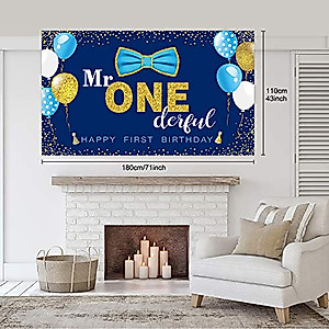 Mr. Onederful Birthday Party Decorations for Boys Happy 1st Birthday Banner Backdrop Large First Birthday Cake Table Decor Mr One Party Favor Supplies (Blue and Gold)
