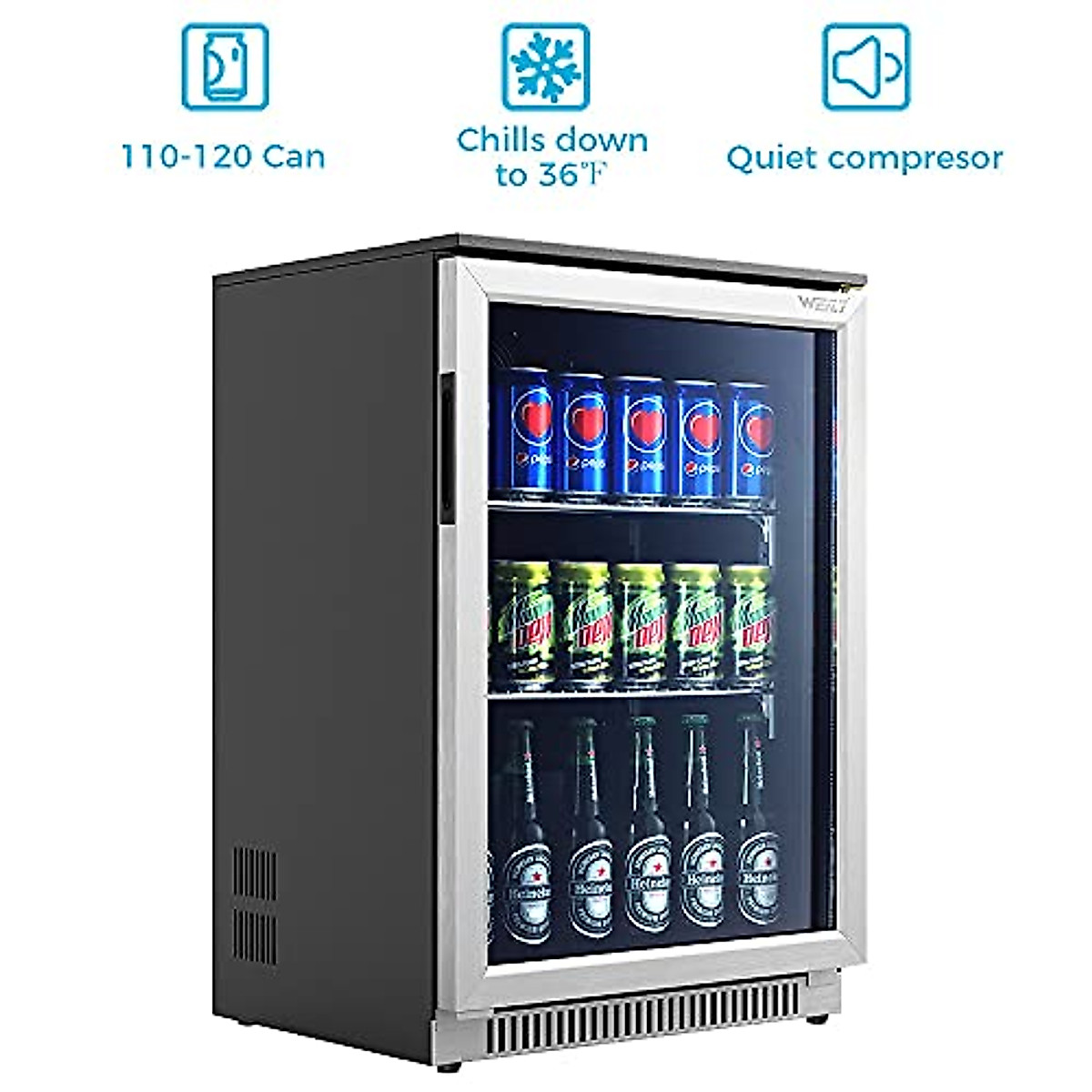 WEILI Beverage Refrigerator and Cooler, 20 Inches Wide Under Counter Fridge with Stainless Steel & Glass Door, Auto Defrost, Freestanding or Built in