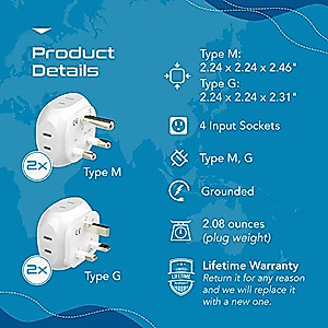 Ceptics South Africa Travel Plug Adapter Set - 4 Input - Ultra Compact - Light Weight - Type M and Type G - USA to Any Type M Countries Such as Botswana, Namibia - 4 Pack (PT-7-10L-4PK),White