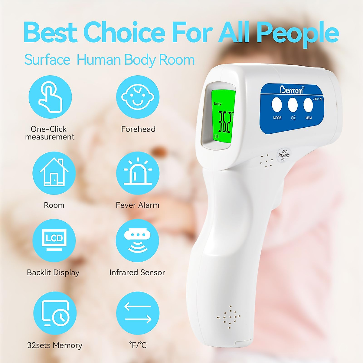 Berrcom Non Contact Infrared Forehead Thermometer JXB-178 Baby Fever Check Thermometer 3 in 1 Contactless for Kids Infant Adult (Batteries Not Included)