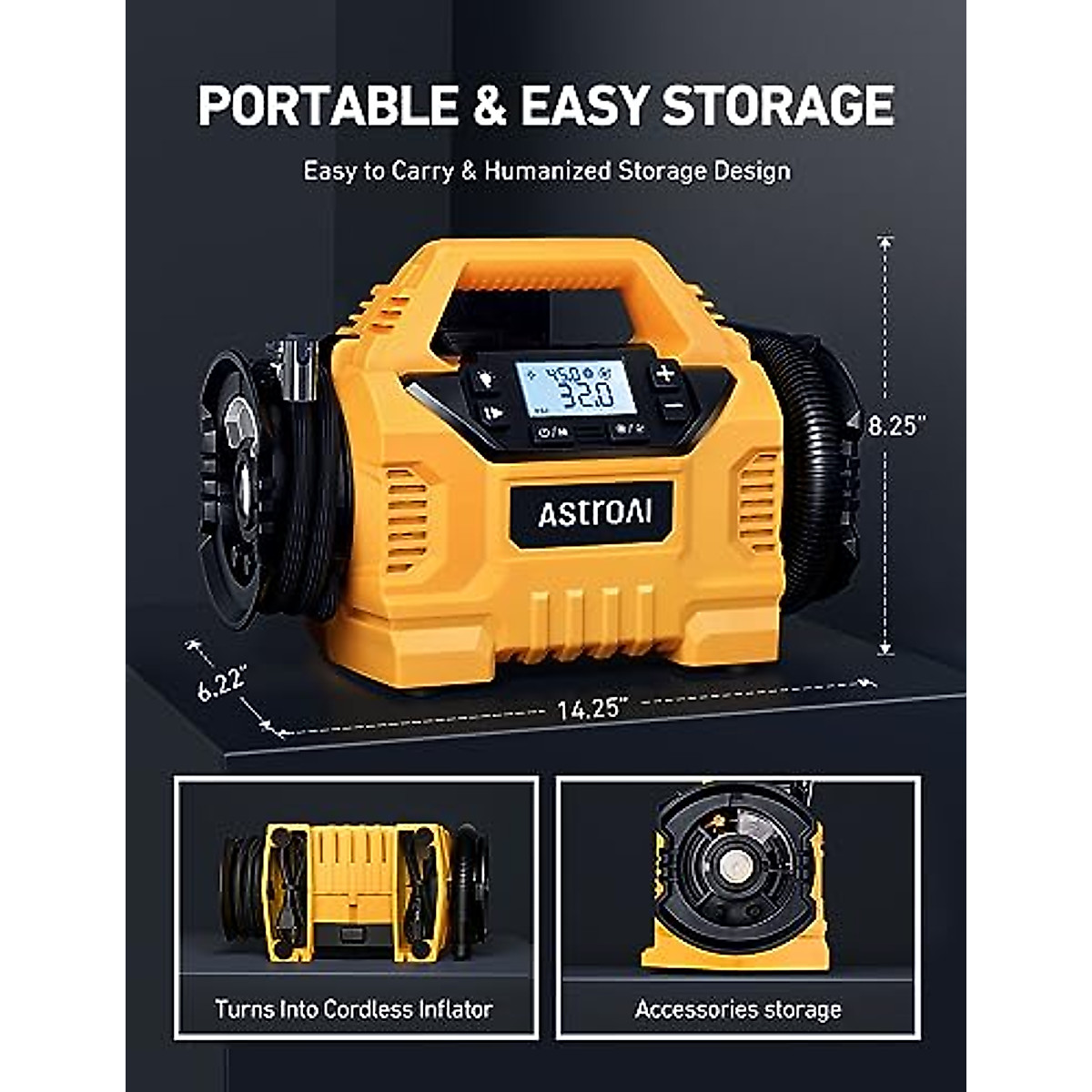 AstroAI Cordless Tire Inflator Portable Air Compressor for Car Tire Pump 160PSI with HD Screen, 3 Power Sources & Dual Powerful Motors, Heavy Duty Air Pump Inflation/Deflation father day gifts