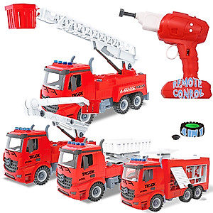 JOYIN 4 in 1 Take Apart Fire Truck Toys with Drill Converts to 5 Types of Fire Rescue Trucks Remote Control Car Fire Engine Trucks for Boys
