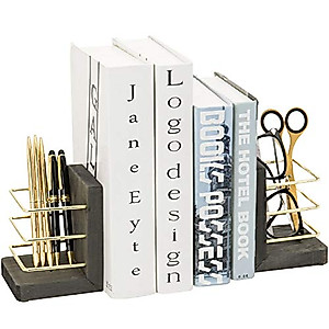 MyGift Vintage Gray Solid Wood Decorative Bookends for Shelves with Brass Metal Wire Pencil Holder Stationary Organizer Slots, 1 Pair