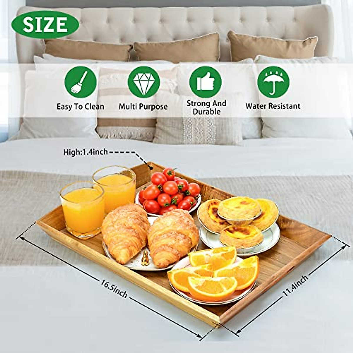 Bambu Masster Acaia Wood 2 Pack Serving Tray with Handles,Tray for Breakfast Dinner, Eating Trays for Living Room,Restaurants,