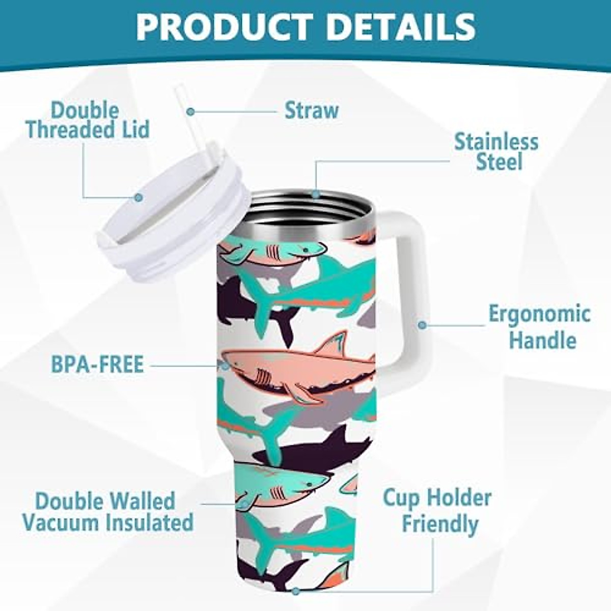 ARGTILDN 40 oz Tumbler Cartoon Fish Sea Insulated Travel Mug with Handle and Straw Lid Stainless Steel Vacuum Coffee Cup Tea Beverage Container Water Bottles for Car Sports office