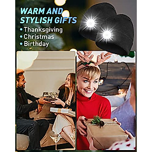 Unisex Beanie Hat with Light 2 Pack, 5 LED 3 Modes Rechargeable Hands Free Headlamp Hat, Knitted Hat with Light for Men Women Kid, Winter Men Gift Stocking Stuffers for Christmas Day (Black&Grey)