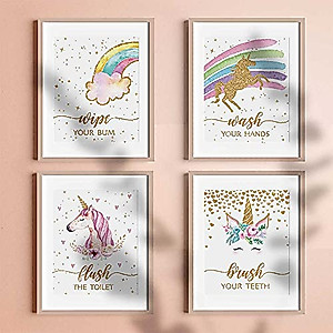 Unicorn Bathroom Decor, Funny Unicorn Themed Bathroom Inspirational Quotes Art Print Humorous Quotes Painting, Toilet Rules Art Picture for Kids Nursery Washroom Bathroom Decor, Set of 4 (8”X10”), Unframed