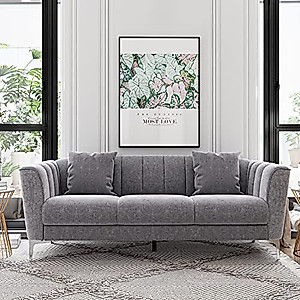 HOSTACK Modern Chenille Sofa, 77" Upholstered Couch with 2 Bolster Pillows and Armrest Bags, 3-Seat Sofa for Living Room, Bedroom, Office, Apartment, Dorm, Gray
