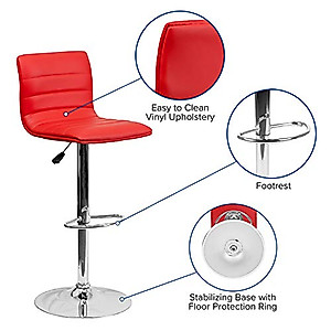 Flash Furniture Betsy Modern Red Vinyl Adjustable Bar Stool with Back, Counter Height Swivel Stool with Chrome Pedestal Base