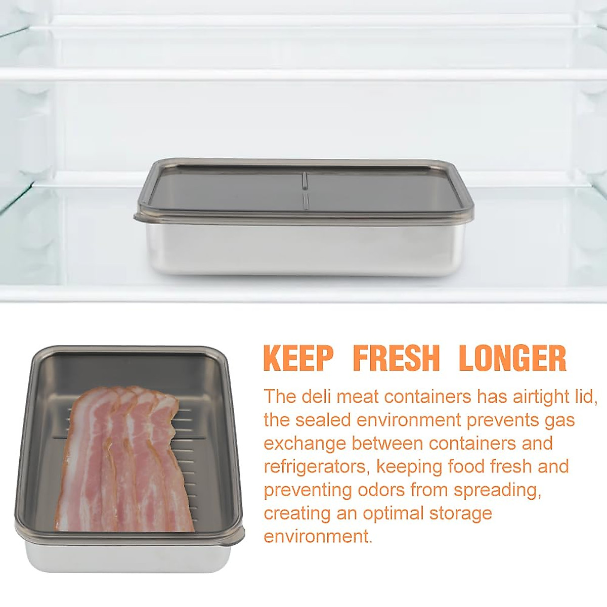 Bacon Container for Refrigerator with Lid Stainless Steel Deli Meat Storage Containers for Fridge Anti Slip and No Stick Keep Fresh Kitchen Food Storage Containers(Silver)