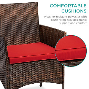Best Choice Products 3-Piece Outdoor Wicker Conversation Bistro Set, Space Saving Patio Furniture for Yard, Garden w/ 2 Chairs, 2 Cushions, Side Storage Table - Brown/Red