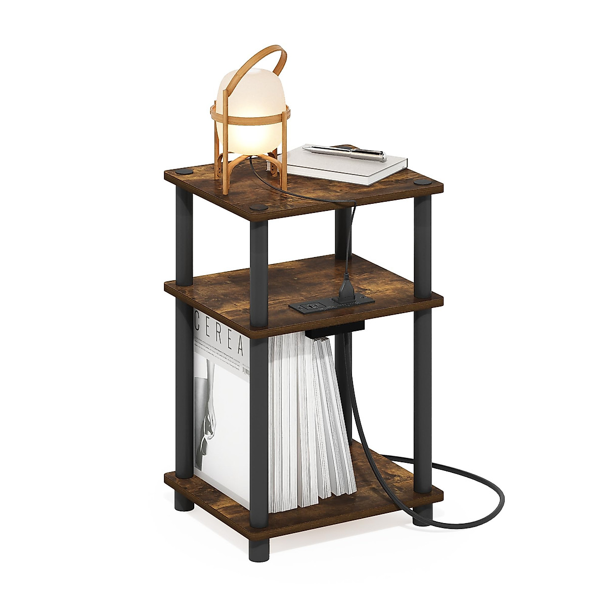 Furinno Just 3-Tier Turn-N-Tube Open Storage Side Table, End Table with USB and Type-C Charging Station, Amber Pine/Black