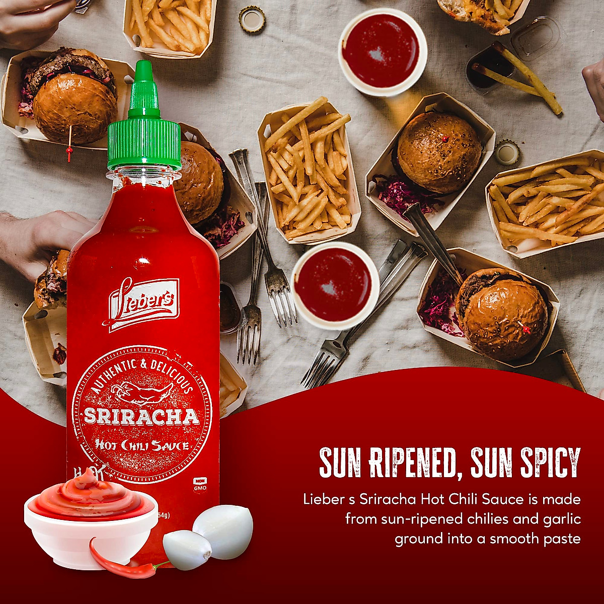 Lieber's Sriracha Hot Chili Sauce, Authentic And Delicious, Non-GMO, No MSG, Gluten-free, Cholesterol-free, and Vegan, NET WT. 1 lb (454g)