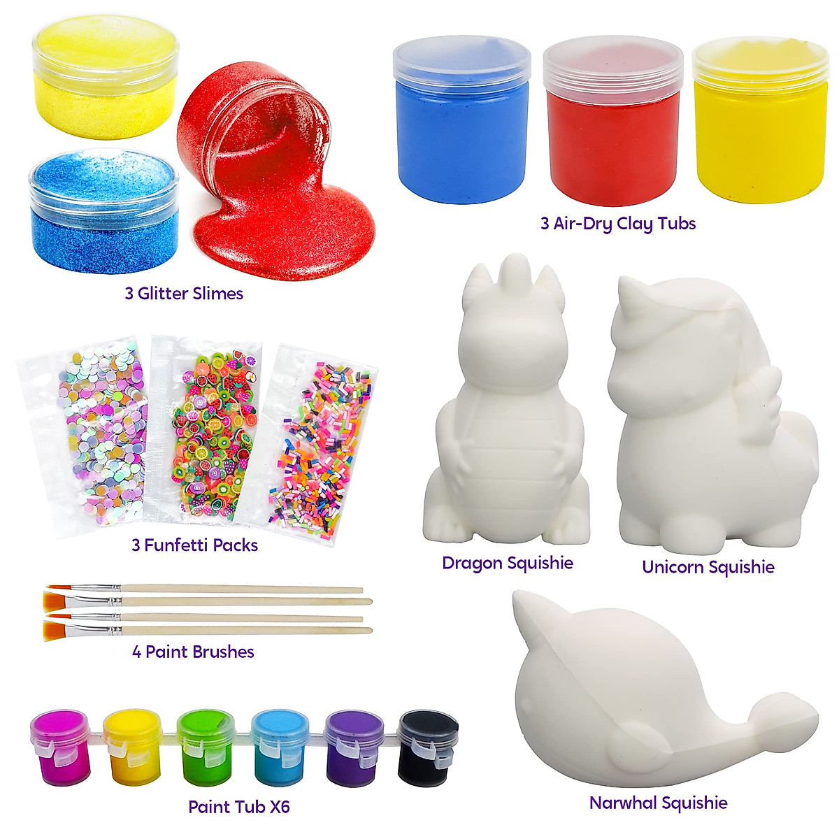 Klever Kits Slime Kit, Paint Your Own Toy Kit, Slime and Toy Set, 3 Glitter DIY Slime Making Kit, 3 Air Dry Clay for Girls Boys Kids Ages 5-12, Kids