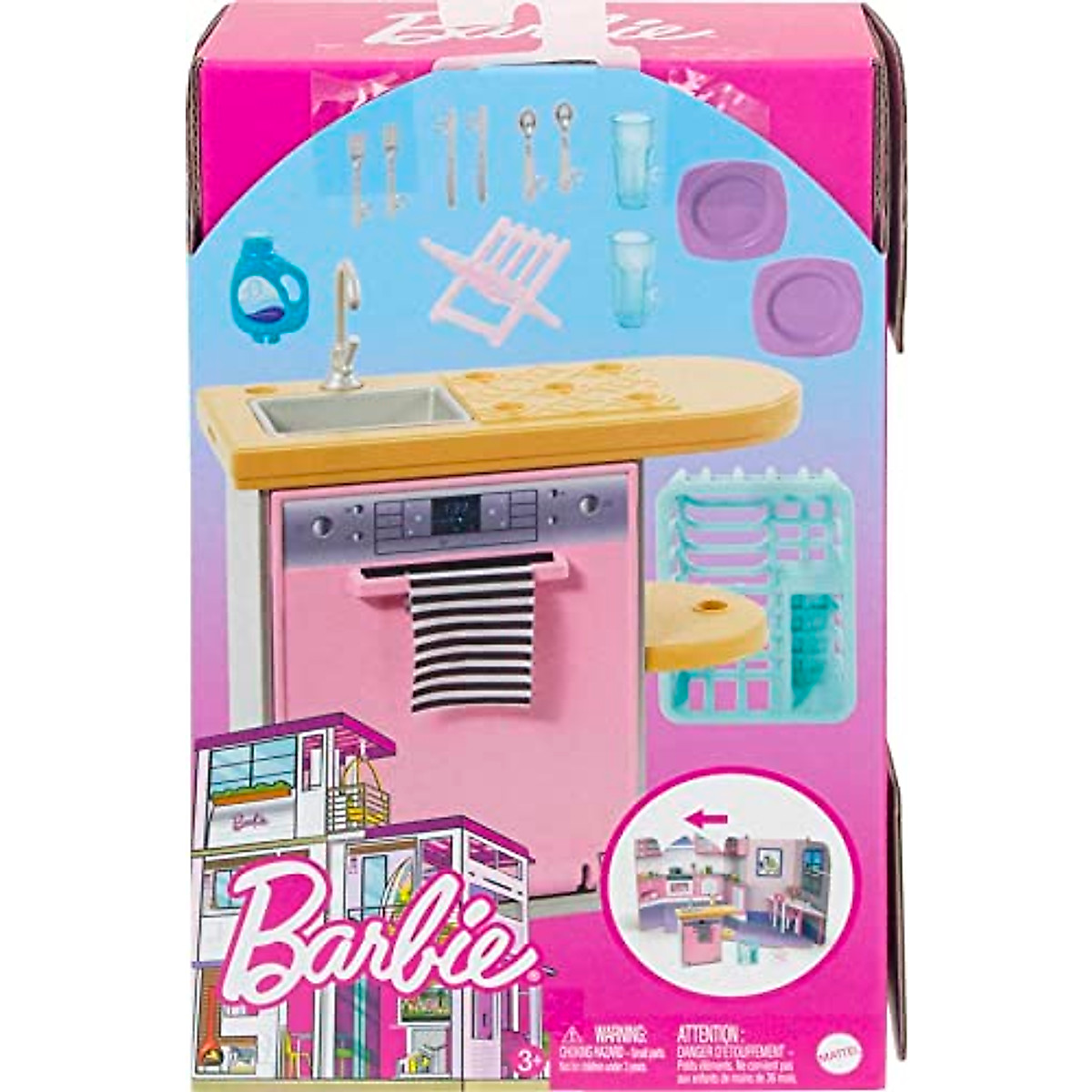 Barbie Furniture and Accessories, Doll House Decor Set with Dishwasher Theme, Kitchen Add-On with Counter Sink