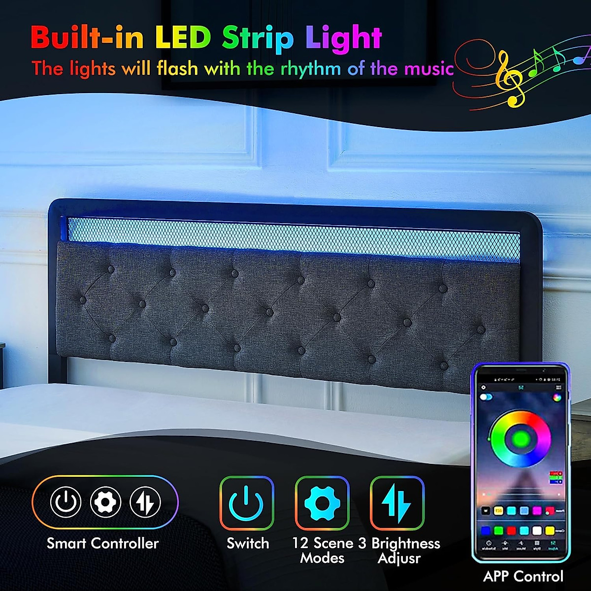 GAOMON Upholstered Bed Frame Queen with 2 Storage Drawers, Button Tufted Headboard and LED Lights, Queen Bed Frame with Mattress Foundation Strong Wooden Slats Support, No Box Spring Needed