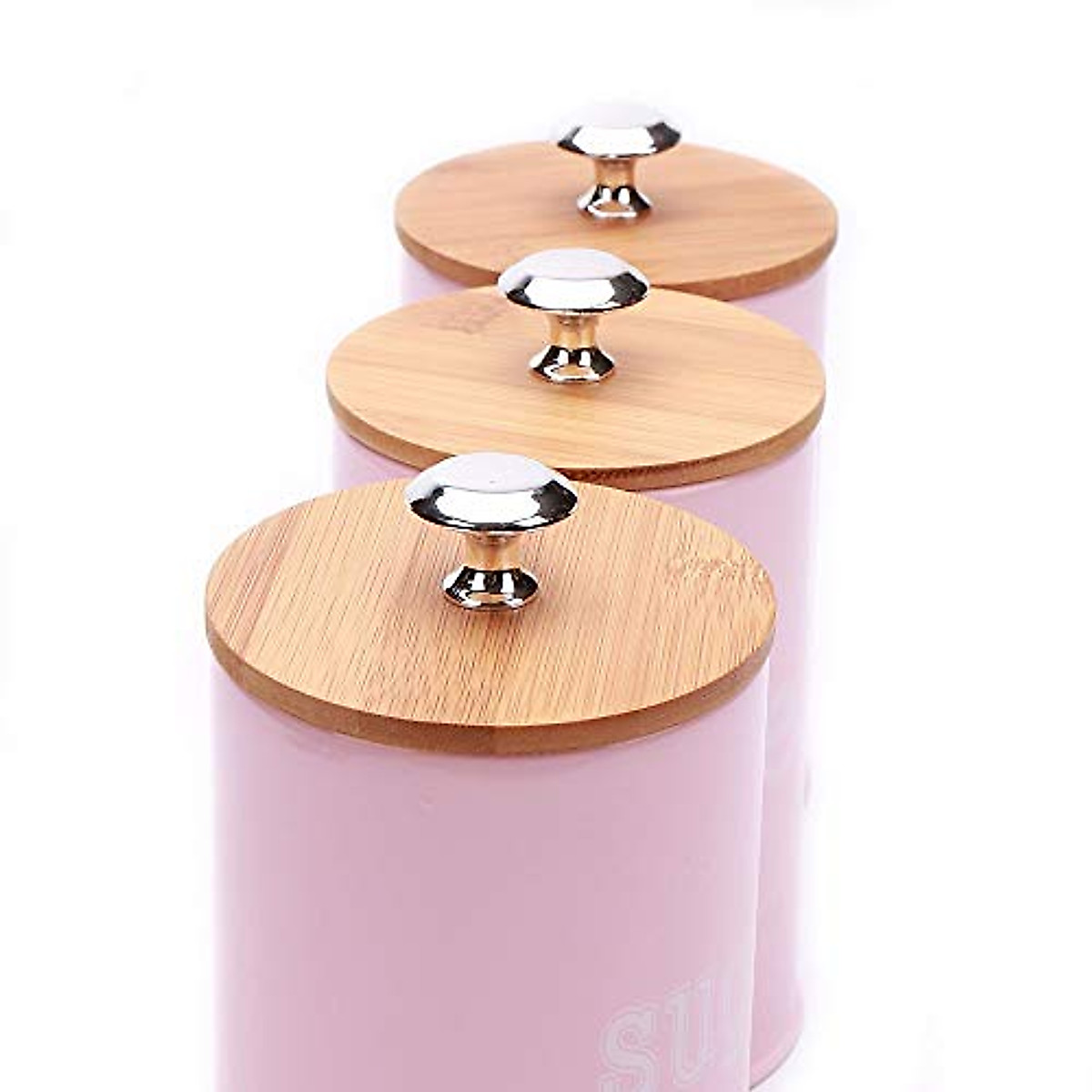 X022S Set of 3 Metal Food Storage Tin Canister/Jar with Bamboo Lid (matte pink)