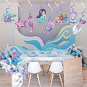 UOMNICUE Mermaid Hanging Swirl Decorations,20 PCS Double Sided Print Mermaid Themed Foil Swirls Dangling Ceiling Streamers Wall Decals for Kids Girls Birthday Baby Shower Under the Sea Party Supplies