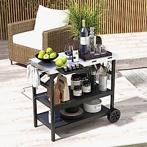 Giantex Outdoor Grill Cart with Wheels, Food Prep Table with 3 Storage Shelves, Detachable Spice Rack, Garbage Bag Holder, 4 Hooks, Movable Dining Cart Worktable Trolley for Outside Kitchen BBQ