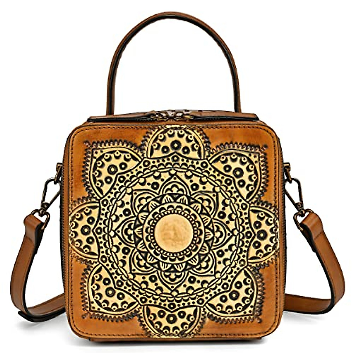 Oludel Women Genuine Leather Handbags, Organizer Leather Lady Satchel Vintage Embossing Totem Crossbody Shoulder Bag (Brown)