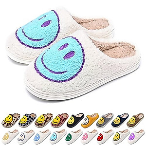 AIMINUO Women's Men's Retro Preppy Happy Face Slippers Comfy Warm Plush Slip-On House Slipper for Winter Indoor Soft Cushion Non-slip Fluffy Slides Slippers White-Cyan 6.5-7.5 Women/6-7 Men