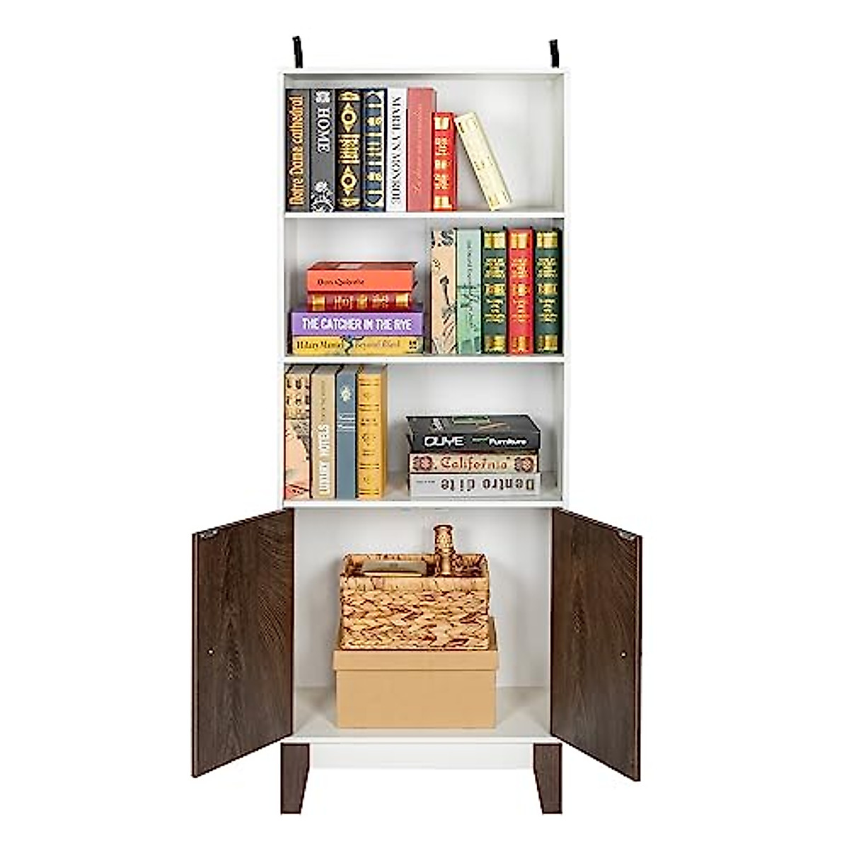 4 Tier Bookcase Storage Cabinet, 63 Inches 4 Tiers Tall Open Bookshelf with 2 Doors, Anti-toppling Device, Freestanding Wooden Storage Display Shelf for Home Office (White)