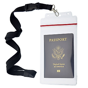 Passport Holders - 2 Pack - Heavy Duty Water and Tear Resistant Resealable Sleeves & Premium Breakaway Lanyard - 4X6 Insert for Vaccination Cards, Cruise, Travel, and Beach Vacation Documents (Black)