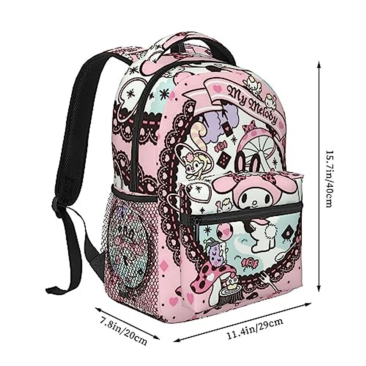 DIEZ My Bunny Melody Backpack Women Casual Pink Backpack Cartoon My Bunny Melody Kawaii Backpack Breathable Large-Capacity Travel Daypack With Keychain