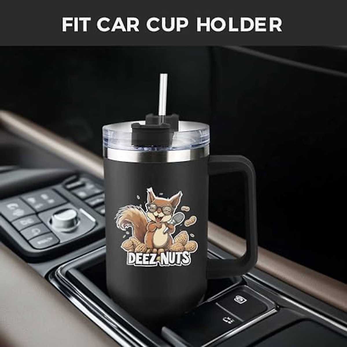 LB LEOBON 40 ounce insulated cup with handle, double-layer vacuum stainless steel material, equipped with straw, can keep warm or maintain cold drinks Cartoon,Cartoon,Digital Illustration, black