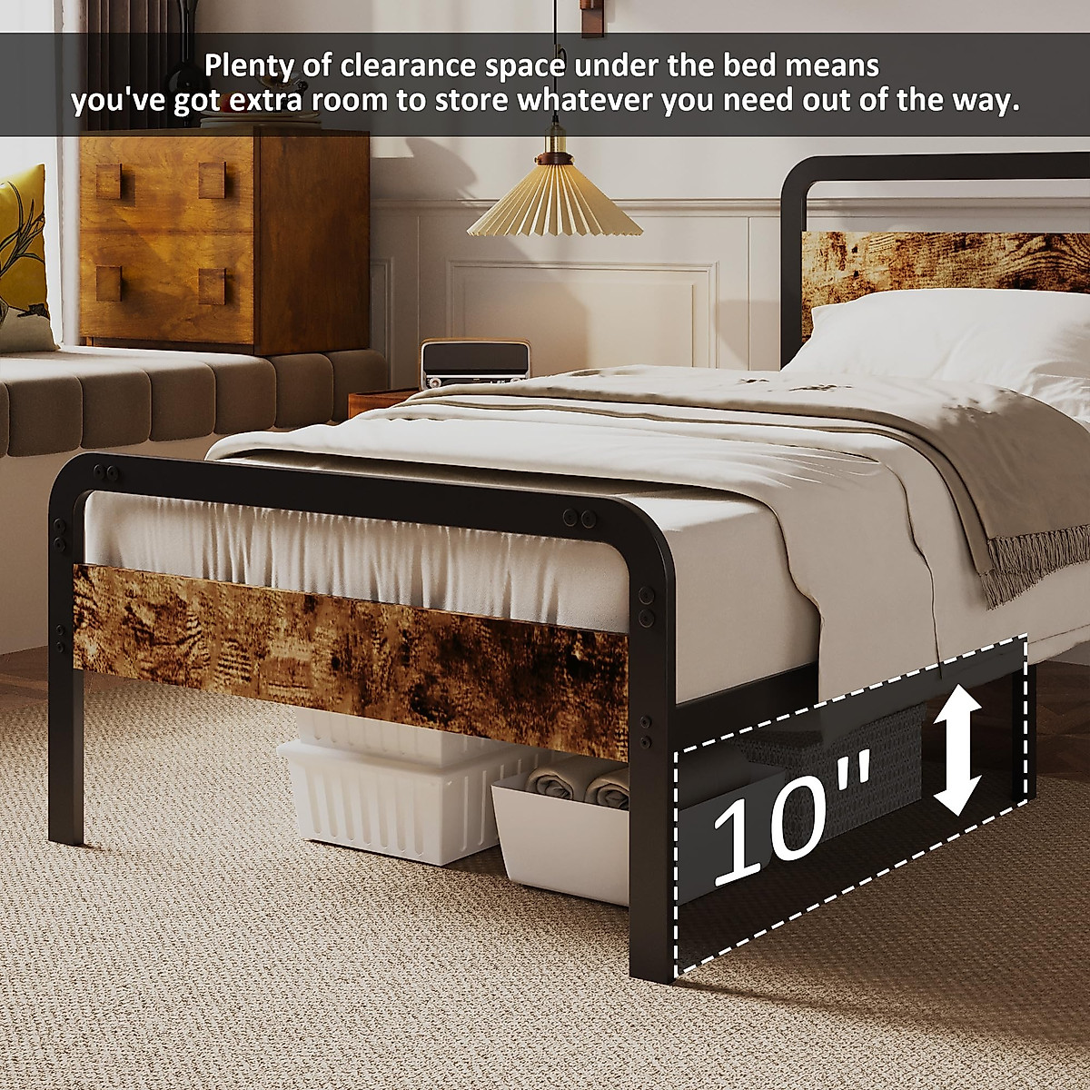 Upcanso 12 Inch Twin XL Bed Frame with Wood Headboard and Footboard, Platform Twin XL Bed Frames No Box Spring Needed with Heavy Duty Slats for Kids, Easy Assembly