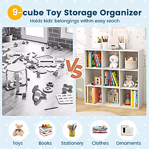 Costzon 9-Cube Toy Storage and Organizer, 4-Tier Wooden Kids Bookshelf, Toy and Book Storage Display Organization, Toddler Shelf for Playroom, Living Room, Classroom, Nursery, White
