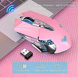 Pink Wireless Mouse, Rechargeable Bluetooth Gaming Mouse Multi Device (3-Mode:BT 5.0/3.0+2.4Ghz) with Side Buttons, RGB LED Backlit, USB Cordless Computer Mice for Laptop/PC/MacBook Pro/iPad (Pink)