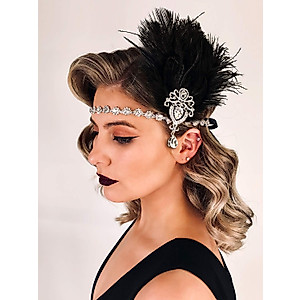 SWEETV 1920s Feather Headpiece Black, Womens Ostrich Feather Crystal Headband, Great Gatsby Hair Accessories for Women, Ribbon Tie